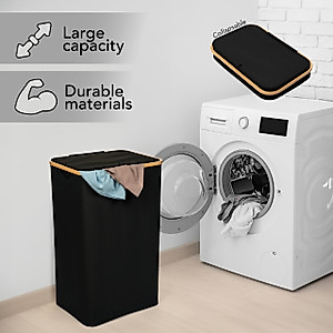 Luxe Laundry Clothing Hamper - 120L Large Laundry Basket with Bamboo Lid & Removable Inner Bag for Dirty Clothes - Free Standing, Tall, Collapsible, High-Capacity & Stylish Design Basket Bin, Black