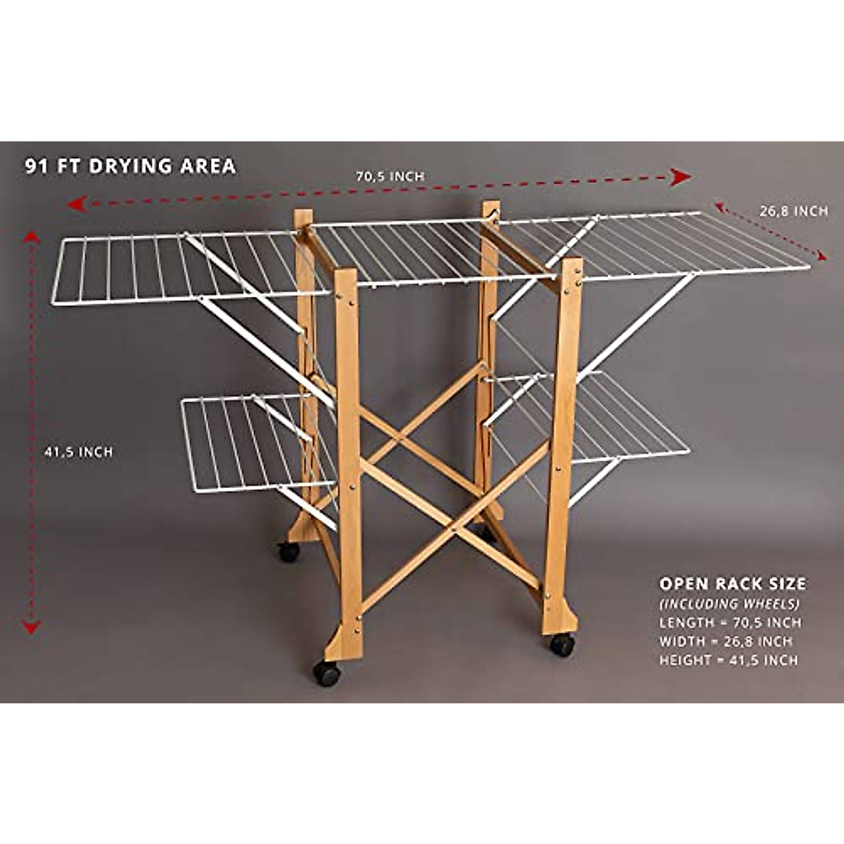 Scandinaf Foldable Clothes Drying Rack | Collapsible Drying Racks for Laundry | Extra Large and Heavy Duty Clothing Drying Rack with Iron Wires and Wooden Legs and 2 Levels with 91 Ft Drying Area