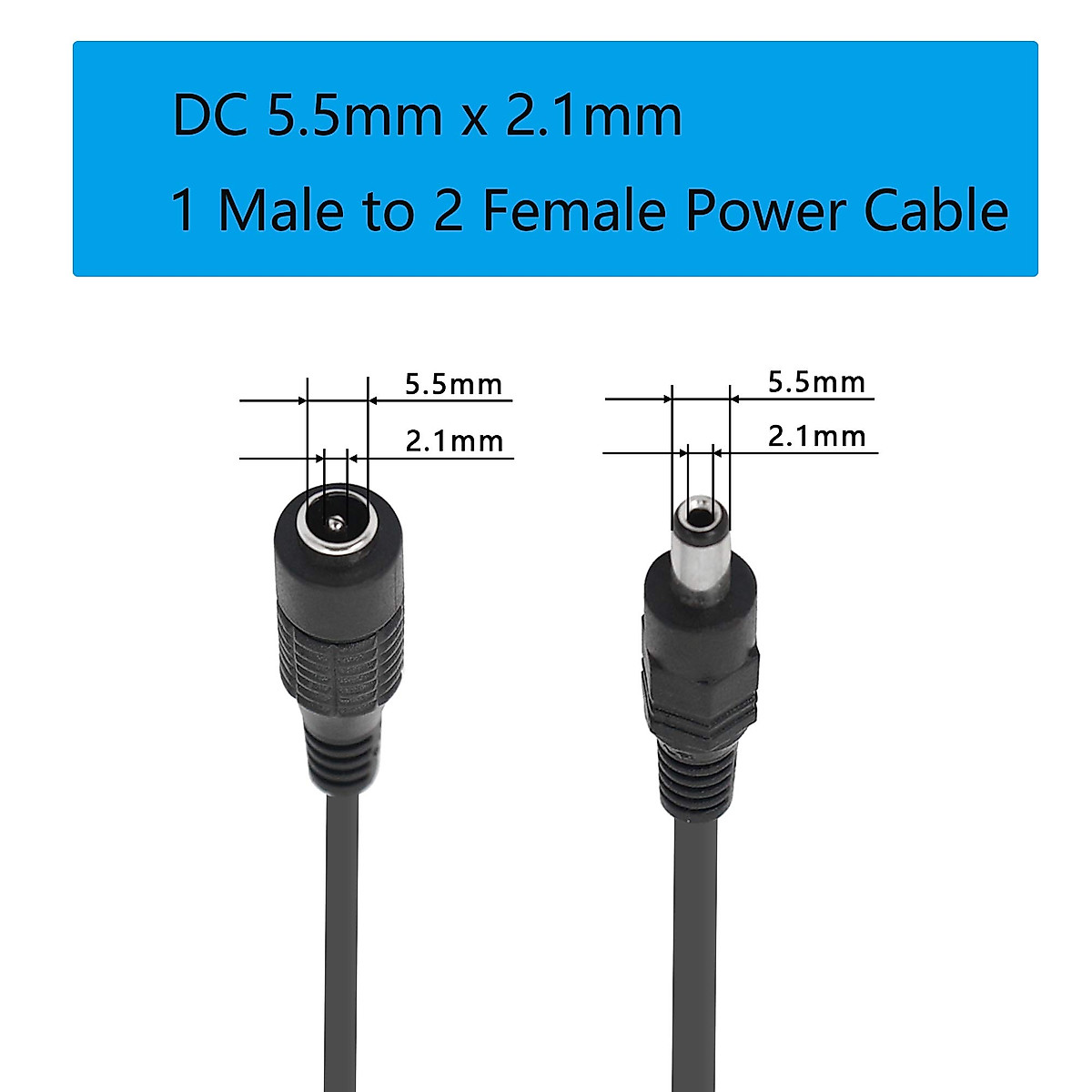 GINTOOYUN DC Y Splitter Cable 1 Male to 2 Female,5.5mm x 2.1mm DC Power Extension Adapter Cable,for CCTV Surveillance Cameras,Surveillance Routers,DVR,and More（2PCS