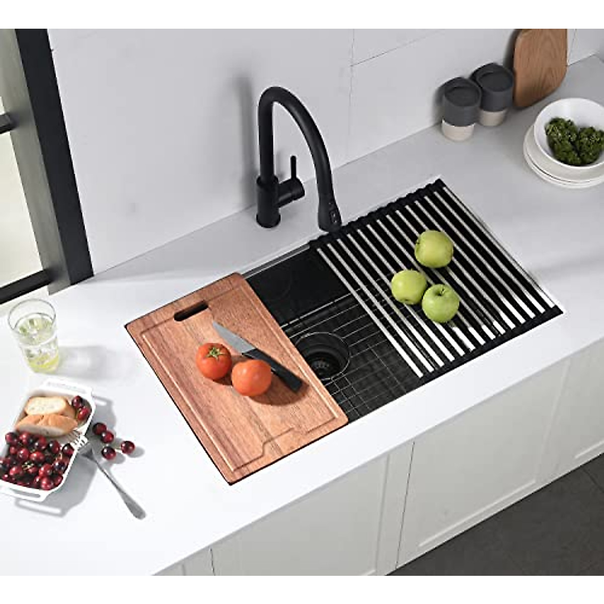 33 Black Undermount Kitchen Sink, 33x19x10 Inch 16 Gauge Black Stainless Steel Single Bowl Workstation Kitchen Sinks With Accessories BL34