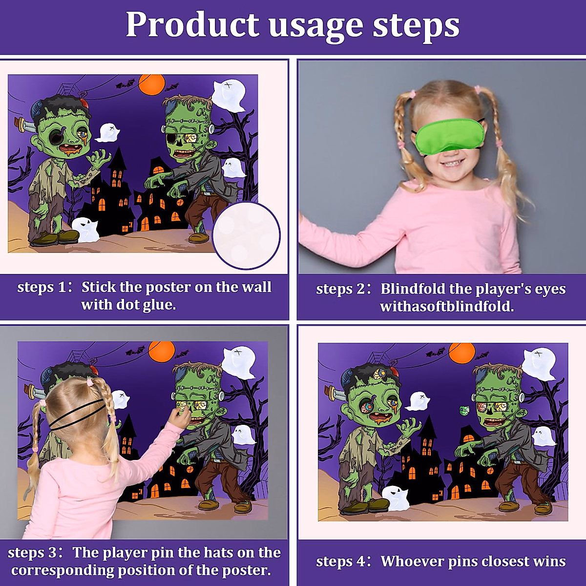 GXGGUS Halloween Party Games, Pin The Tail Game Pin The Eyeball on The Zombies, Two Blindfold Zombies on Game Poster Halloween Classroom Stickers Games,Halloween Zombie Party Games ﻿