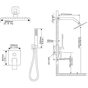 YCAIKOI Matte Black Shower System, 8 Inch High Pressure Rain Shower with Handheld, Wall Mount Shower Faucet Set for Bathroom, Rough-in Valve Body and Trim Included