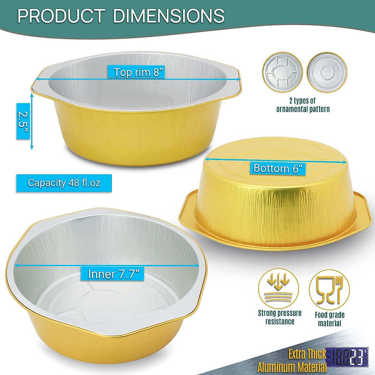 YAFIRST 20 Pcs 8" Aluminum Foil Pans with Lids, 3X Thick Heavy Duty Tin Food Containers 3lb. Disposable Cookware Baking Pans for Cooking, Baking & Meal Prep. Oven, Freezer and Microwave Safe.