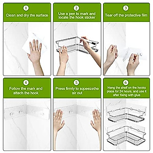 Thideewiz 2 Pack Corner Shower Caddy, Stainless Steel Wall Mounted Bathtub Shelves with 4 Plastic Hooks and 6 Adhesives, No-drilling Adhesive Bathroom Organizer Only for 90 Degrees Right Angle