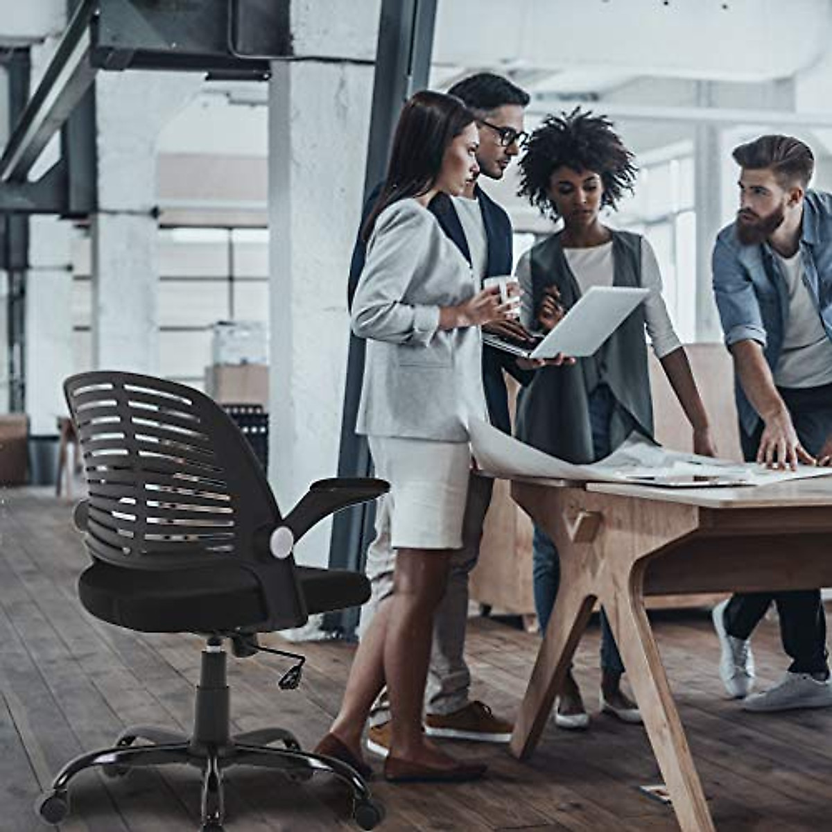 Office Chair Cheap Desk Chair Mesh Computer Chair with Lumbar Support Flip Up Arms Executive Mid Back Modern Ergonomic Chair for Adults Women Men,Black