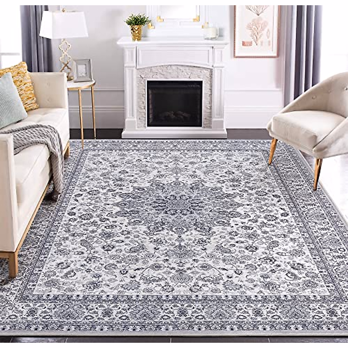 Area Rug Living Room Rugs: 8x10 Oriental Persian Floral Distressed Carpet Large Machine Washable Indoor Non Slip Carpets for Under Dining Table Farmhouse Bedroom Nursery Home Office Grey Blue