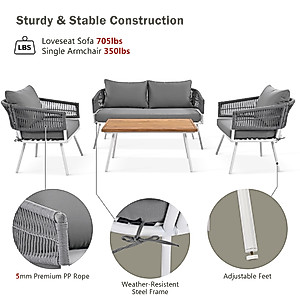 RuiSiSi 4 Piece Boho Rope Patio Furniture Set, Outdoor Furniture with Acacia Wood Table, Patio Conversation Set with Deep Seating and Thick Cushion for Backyard, Porch, Balcony, Grey