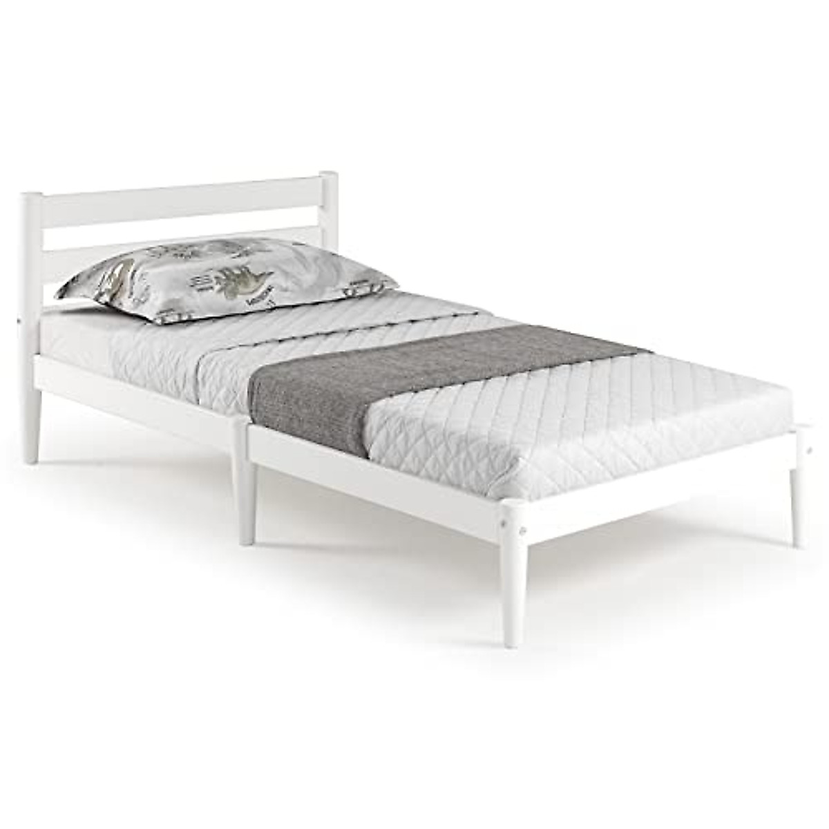 Camaflexi Mid-Century Modern Platform Bed/Solid Wood/Slat Headboard/Mattress Foundation of 10 Wood Slats - No Box Spring Needed/Easy Assembly, Mult. Colors, Twin (White)