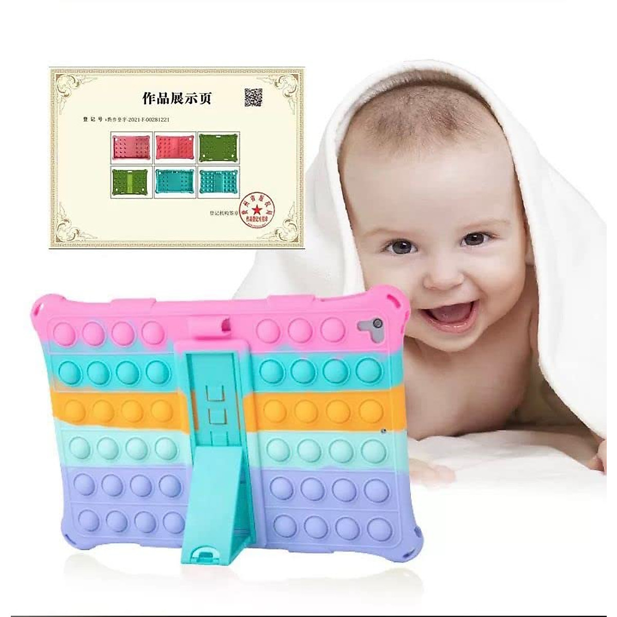 IPad 5th Generation Kids Case, UFAINEI IPad 6th Generation Kids Case, Kids Case for iPad 9.7 inch with Kickstand, Shoulder Strap and Pencil Holder, Bubble Popit Case for iPad Pro 9.7 inch-Rainbow Pink