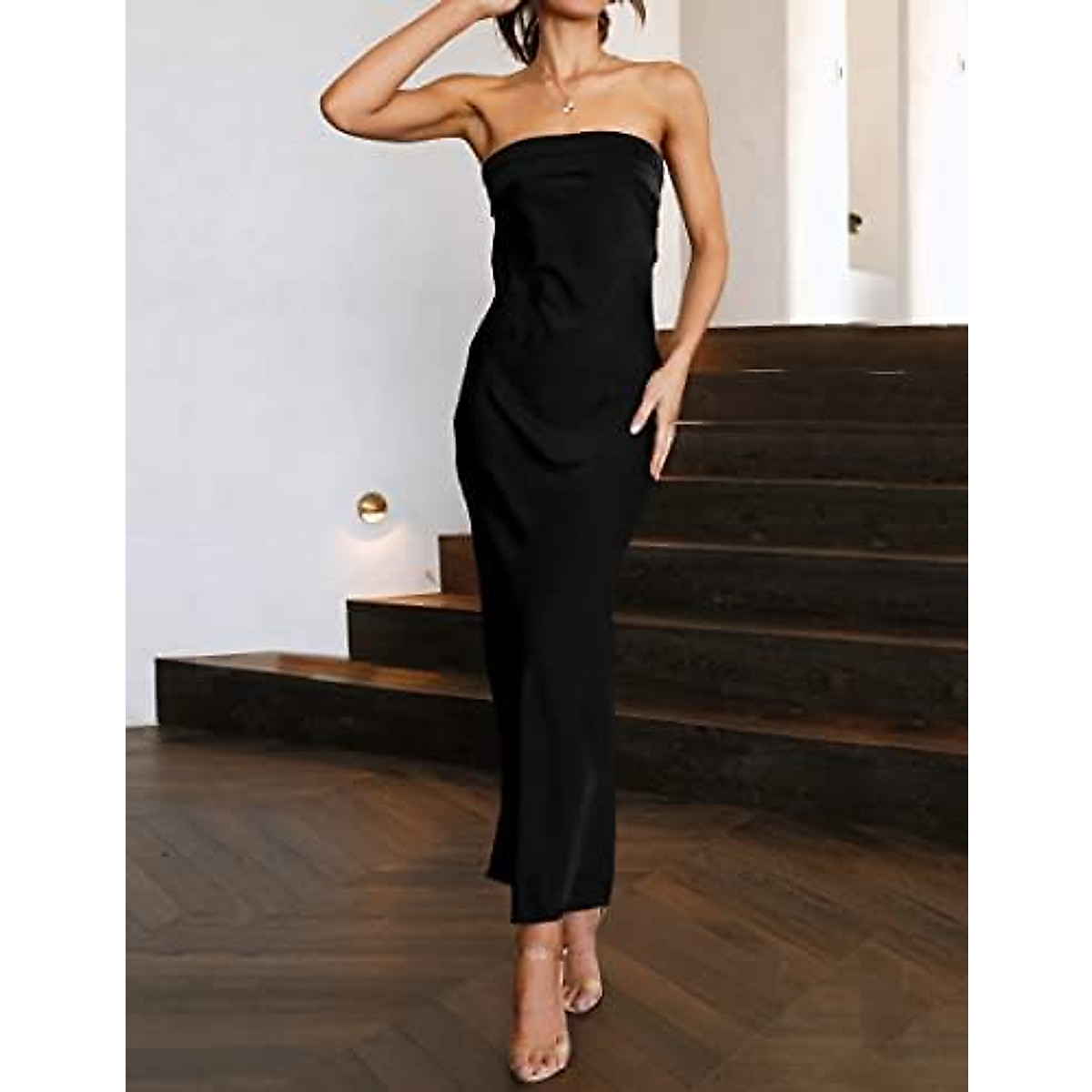 ZESICA Women's Sexy Satin Tube Top Cutout Slim Fit Silky Long Evening Prom Formal Long Dress,Black,Small