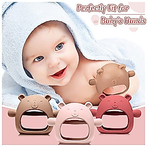 Chumia 3 Pack Baby Teether Teething Toys for Babies 0-6 Months Baby Teething Toy Silicone Anti Dropping Infant Hand Teether Pacifiers Wrist Hand Chew Toys for Sucking Needs (Caramel, Red, Pink)