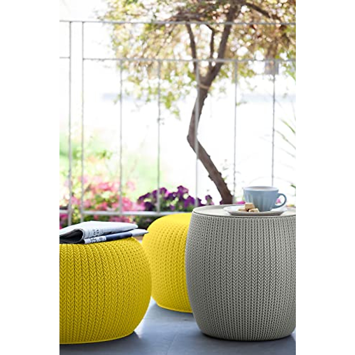 Keter Urban Knit Pouf Ottoman Set of 2 with Storage Table for Patio and Room Décor-Perfect for Balcony, Deck, and Outdoor Seating, Yellow & Gray