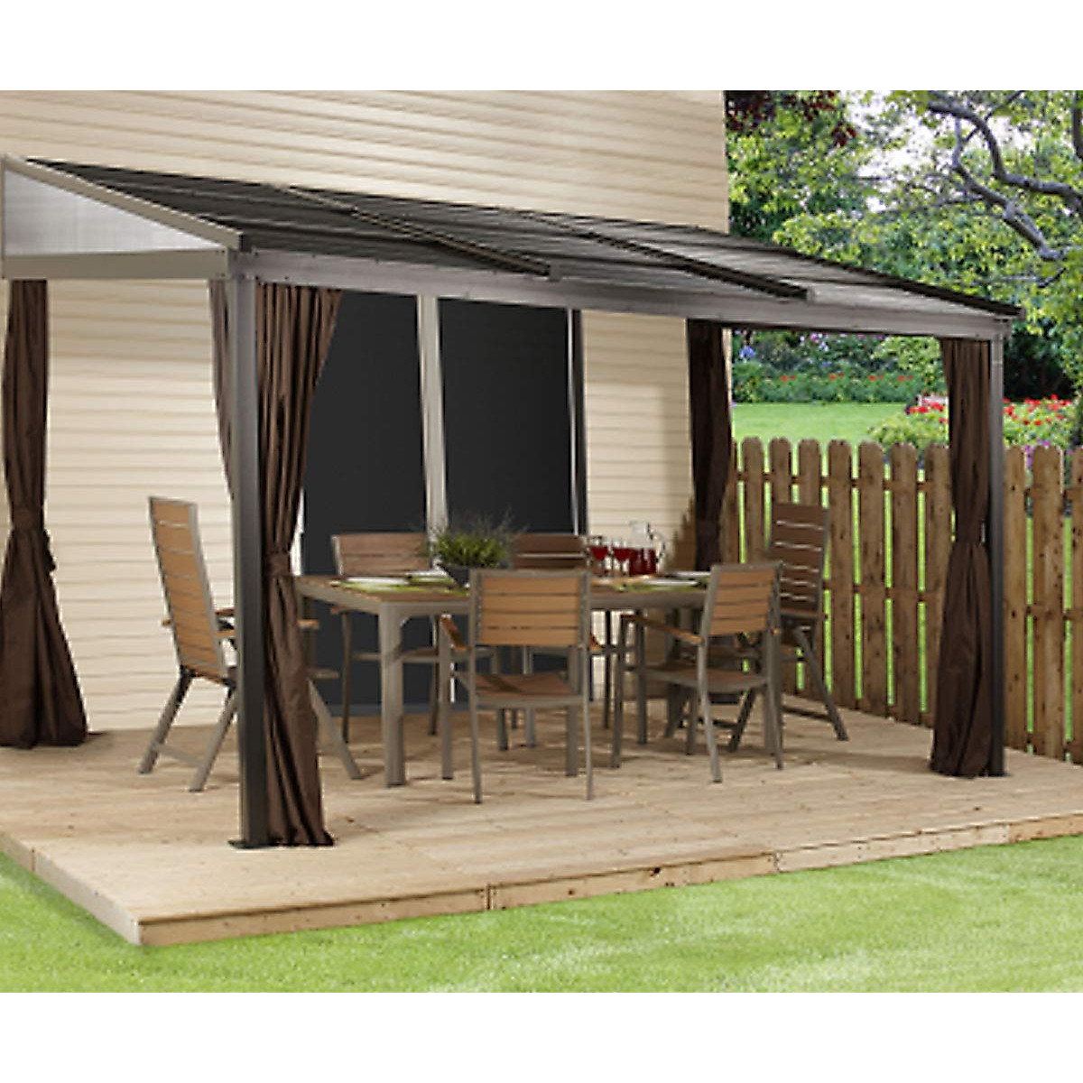 Sojag 10' x 12' Francfort Wall-Mounted Hardtop Gazebo Outdoor Weather-Resistant Aluminum Frame Sun Shelter Black,Brown