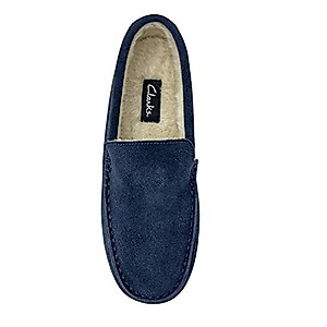 Clarks Mens Suede Moccasin Slippers Warm Cozy Indoor Outdoor Plush Faux Fur Lined Slipper For Men (9 M US, Navy)