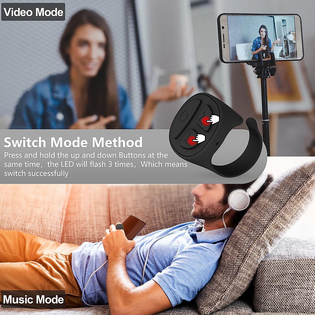 STDFORU TikTok Scrolling Ring Remote Control Kindle App Page Turner Camera Remote Shutter TIK Tok Scrolling Ring for iPhone iPad Android iOS (Black)