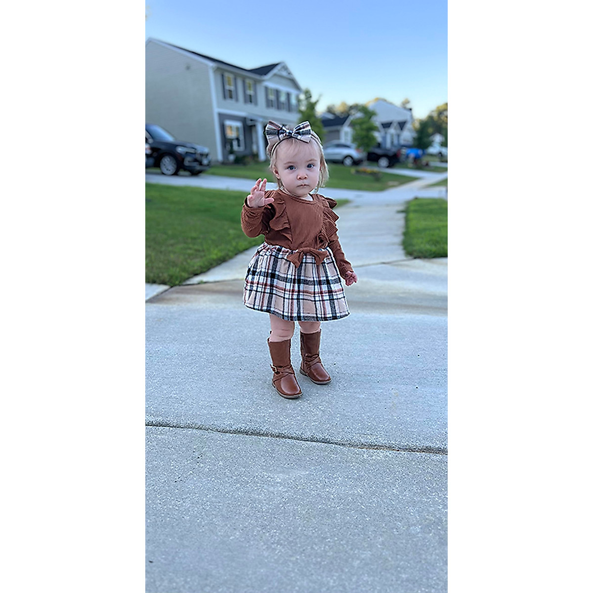 Toddler Baby Girl Fall Winter Outfit Set Plaid Romper Dress Ruffles Long Sleeve Clothes Jumpsuit with Bow Headband (Brown, 0-3 Months)