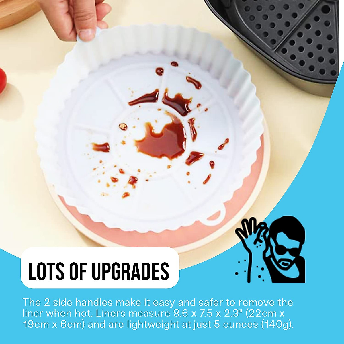 LOMBINS Pack of 2, 8 Inch Silicone Air Fryer Liners, Upto 450°F Heat Resistant with Handles for Easy Carry, Reusable Silicone Air Fryer Liners Non-Stick & Food Grade Material