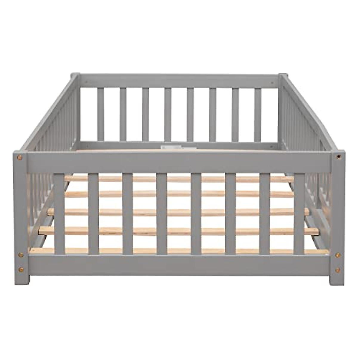 Twin Size Floor Platform Bed with Fence, Wooden Playpen Bed for Kids, Kids Fence Bed with Door, No Box Spring Needed (Grey)