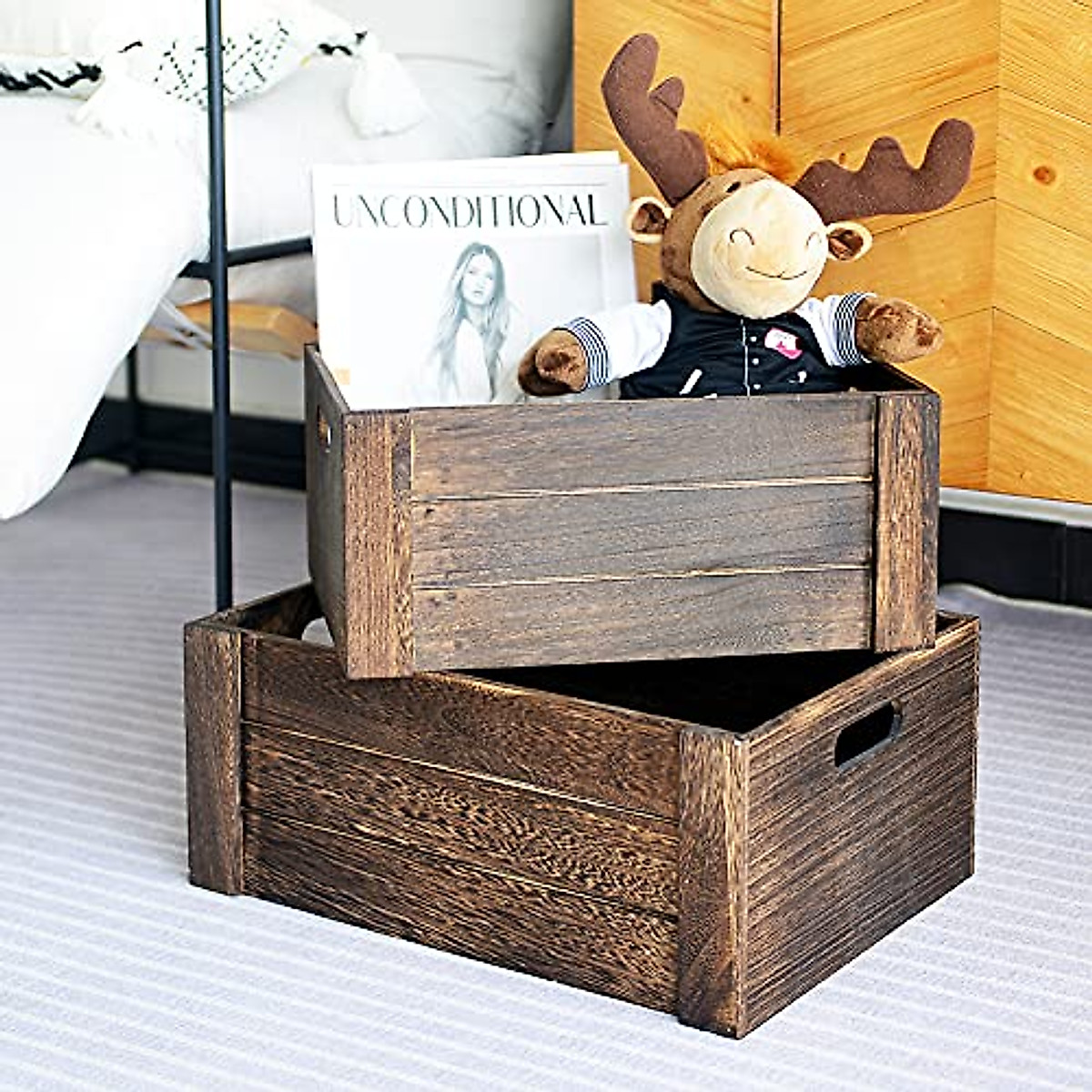REVOLUMINI Decorative Wooden Crate,Set of 4 Rectangle Storage Boxes, Nesting Storage Crates with Handles,Crates for Storage,Wooden Storage Bins (Brown)