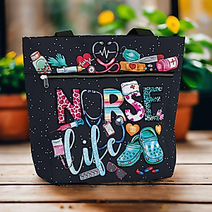 84hoods Aesthetic Tote Bag for Women and Girls. Cute Graphic Nurse Life Tools Large Shoulder Bag 15 inch with Pockets and Zipper for Work. Waterproof Grocery Bag. Gift for Nurse.