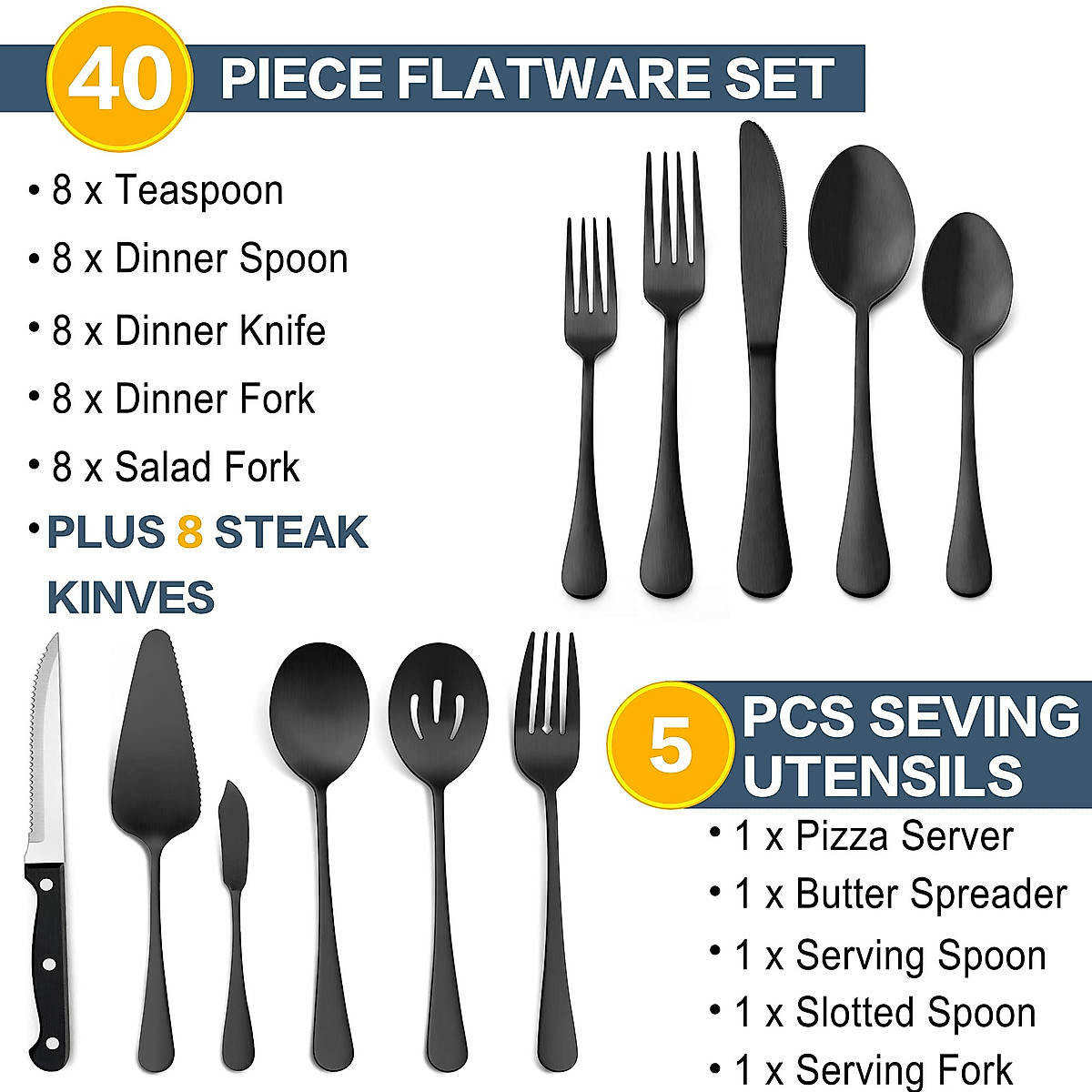 LIANYU 53-Piece Matte Black Silverware Set with Steak Knives and Serving Utensils, Modern Stainless Steel Flatware Cutlery Set for 8, Fancy Eating Utensils Tableware, Dishwasher Safe
