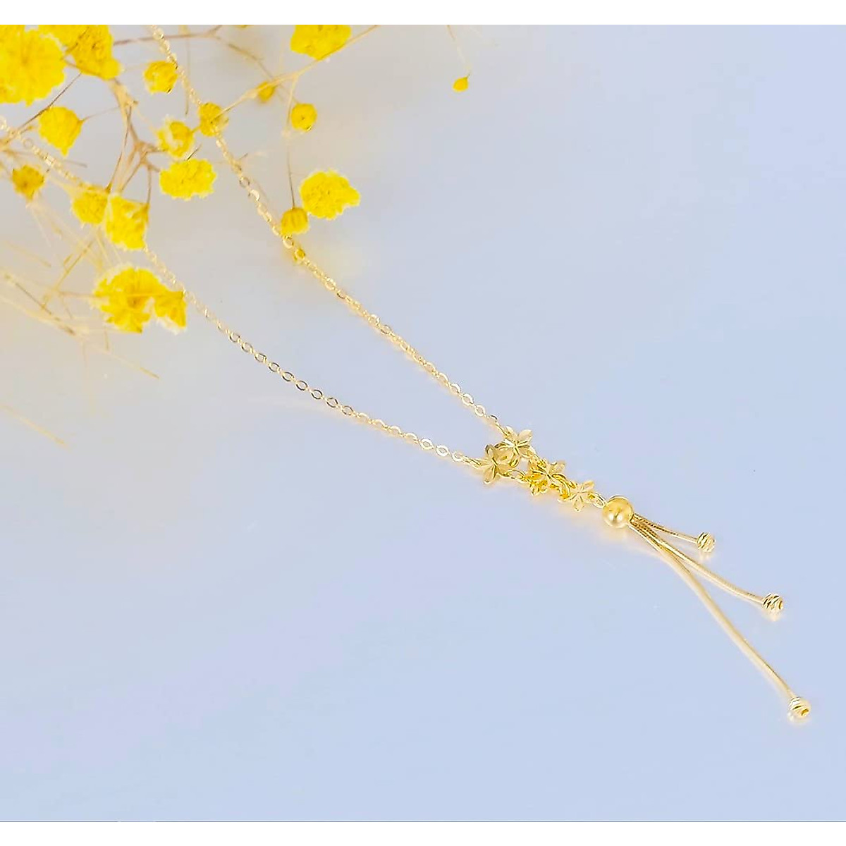 SISGEM 18k Yellow Gold Cherry Blossom Necklace for Women, Real Gold Chain and Y Pendant, Fine Jewelry Gifts for Her, 16-17 Inch