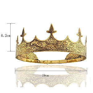 JORCEDI Crown Hair Jewelry Royal King Diadem Men Metal Big Tiaras For Wedding Halloween Costume Birthday Hair Accessories (Dark Gold)