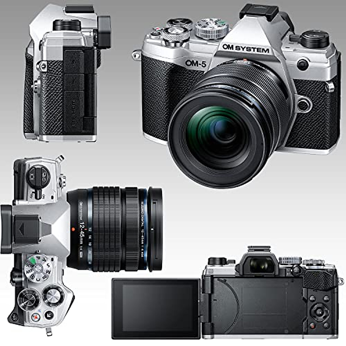 Ultimaxx Essential OM-5 Camera with 12-45mm Lens Bundle (Silver) - Includes: 32GB Extreme Memory Card, 4PC Macro Close-Up Filter Kit, LED Light Kit, Water-Resistant Gadget Bag & More (26pc Bundle)