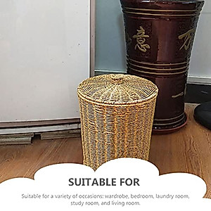Zerodeko Small Trash Can, Imitation Rattan Woven Waste Bin with Lid, Waste Basket for Bedroom, Office, Kitchen, Boho Round Garbage Can Plastic Sundries Holder Laundry Basket for Bathroom