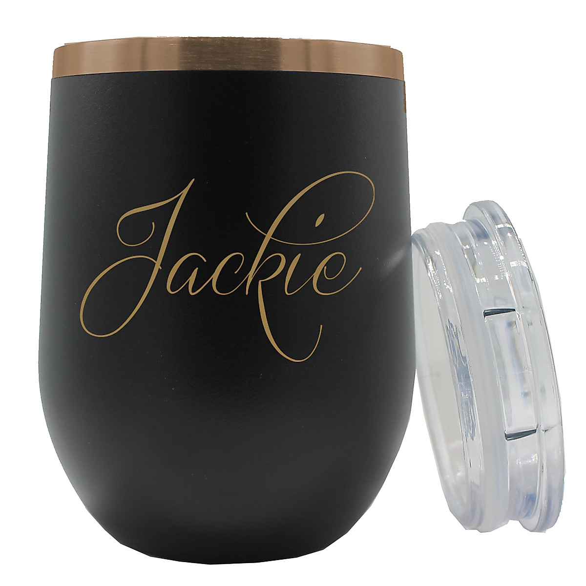 Personalized 12 oz Insulated Stemless Wine Tumbler - Custom Engraved and Monogrammed (Black with Gold)