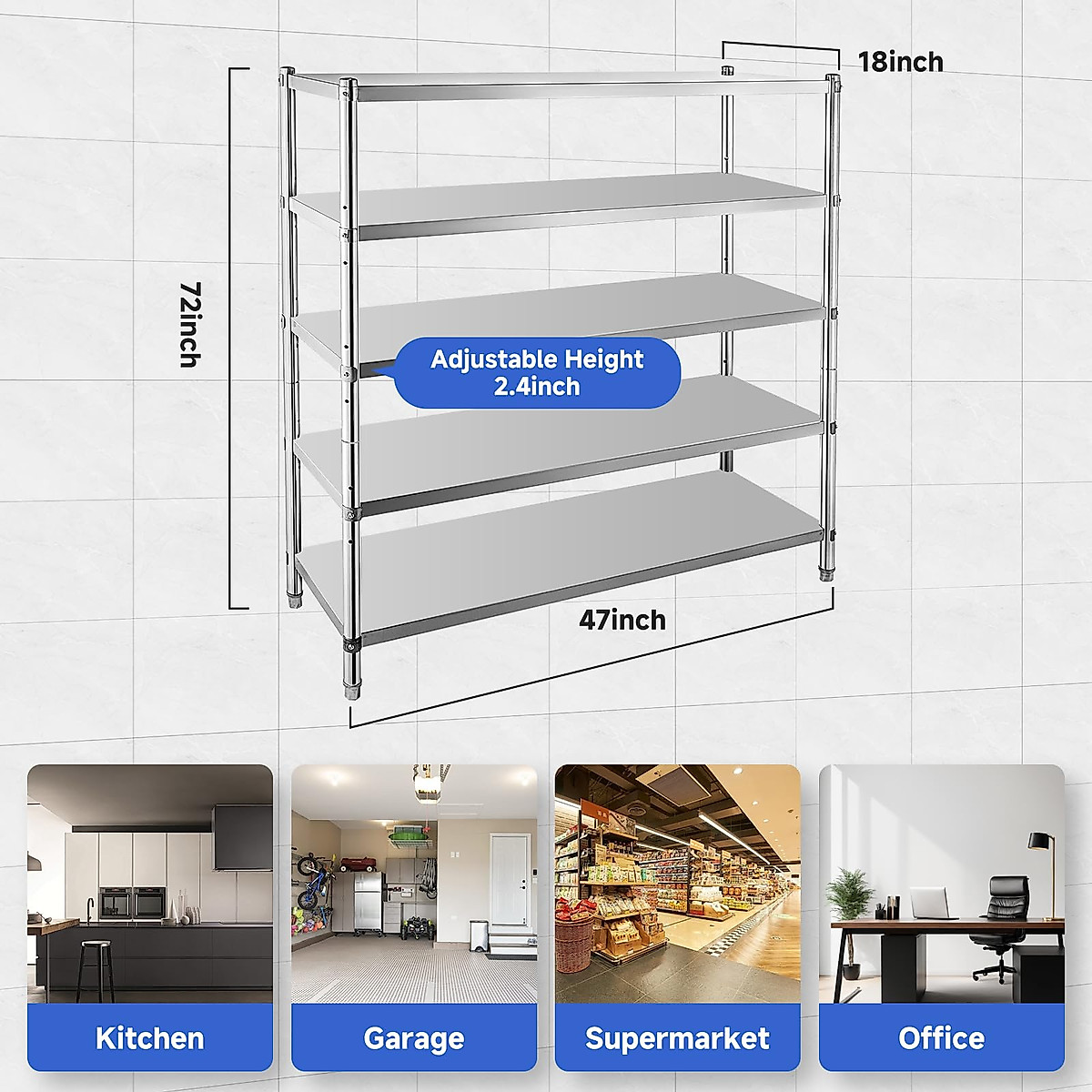 Garvee Stainless Steel Shelves,47x18x72 in Storage Shelf 5-Tier Heavy Duty Storage Rack Shelving Capacity Shelf Unit for Kitchen Garage Office Restaurant Warehouse