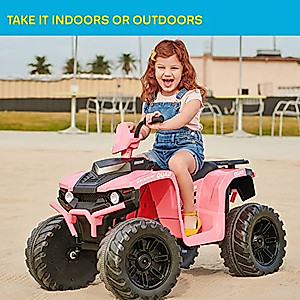 Kidzone 12V Ride On ATV Vehicle 3-7 Yeas Old Big Kid up to 77lbs, Electric 4-Wheeler Quad Battery Powered Car for Boys & Girls Gift Whit DIY License Plate, MP3, High Low Speeds, LED Light, Bluetooth