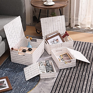 4 Set of Storage Baskets (Pearl White) - Rattan Decorative Box & Closet Organizers and storage & Basket with Lid & small basket with lid, decorative baskets for Clothes, Toys, Books