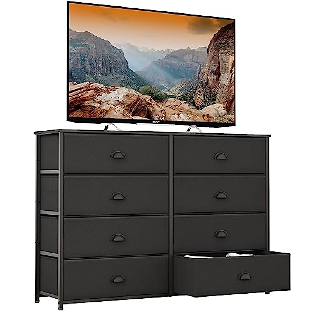 Furnulem 8 Drawer Dresser Wide 40'' Long, Storage Chest of Drawer for 50'' TV Stand, Closet, Bedroom, Nursery, Fabric Bins, Wooden Top Living Room Rustic Furniture (Black)