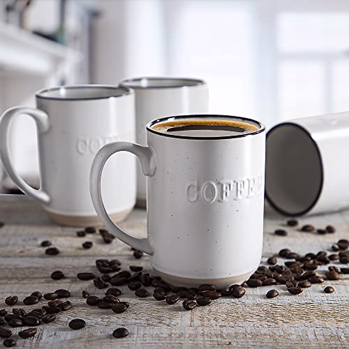 Sheffield Home Set of Stoneware Coffee Mugs- 4 Printed Coffee Cups, Tea Cups, Latte Mugs 16 oz (White)