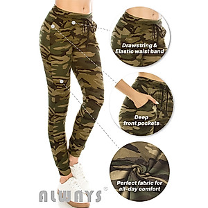 ALWAYS Women Drawstrings Jogger Sweatpants - Super Light Skinny Fit Premium Soft Stretch Camo Military Army Pockets Pants M