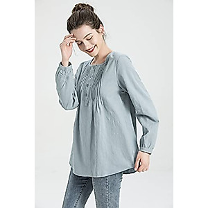 Minibee Women's Scoop Neck Pleated Blouse Solid Color Lovely Button Tunic Shirt White M