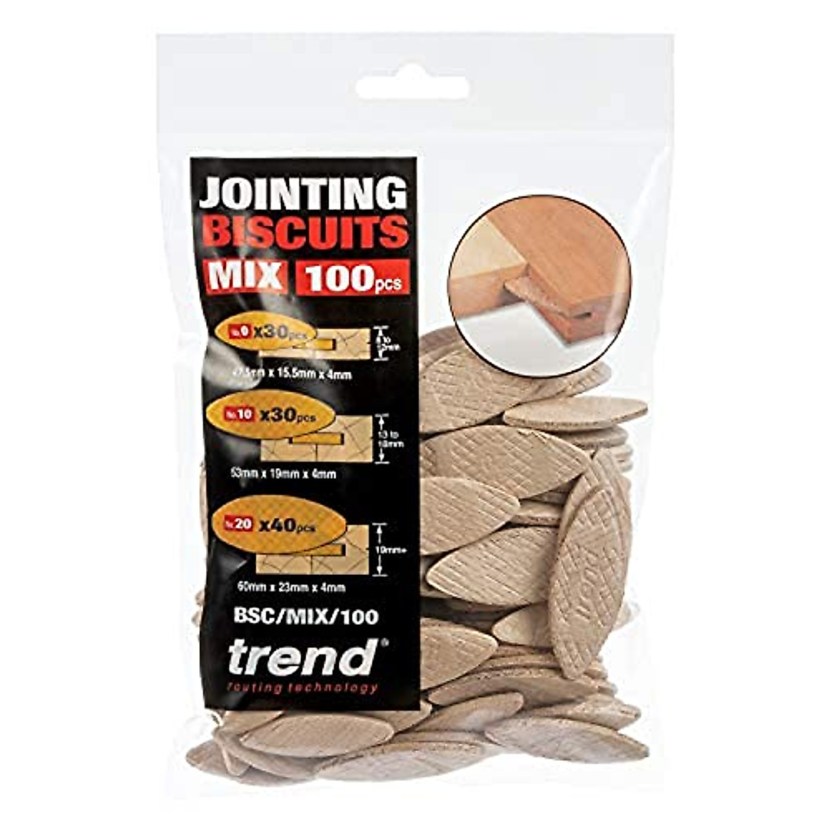 Trend 100pcs Beechwood Joining Biscuits Variety Pack (No. 0, 10, 20) for Woodworking, Joinery, and Furniture Framing, BSC/MIX/100