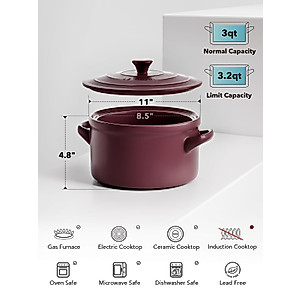 LE TAUCI 3 Quart Dutch Oven Pot with Lid, for No Knead Bread Baking, Sourdough Loaf, Non-Coated & Non-Toxic Ceramic Small Bread Oven Pan, Use as Non-Stick Soup & Stew Pot, Burgundy Red