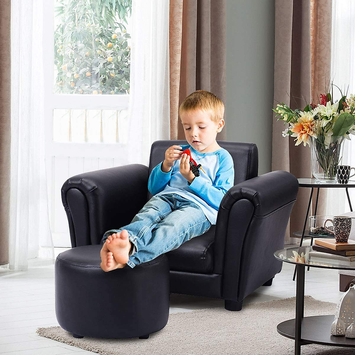 HONEY JOY Kids Couch with Ottoman, Child Size Sofa with Roundy Footstool, PU Leather, Anti-Slip Pad, Mini Toddler Toy Story Chair for Playroom Furniture (Black)