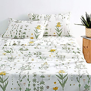 Wake In Cloud - Botanical Sheet Set, Yellow Flowers and Green Leaves Floral Garden Pattern Printed on White, Soft Microfiber Bedding (4pcs, Queen Size)