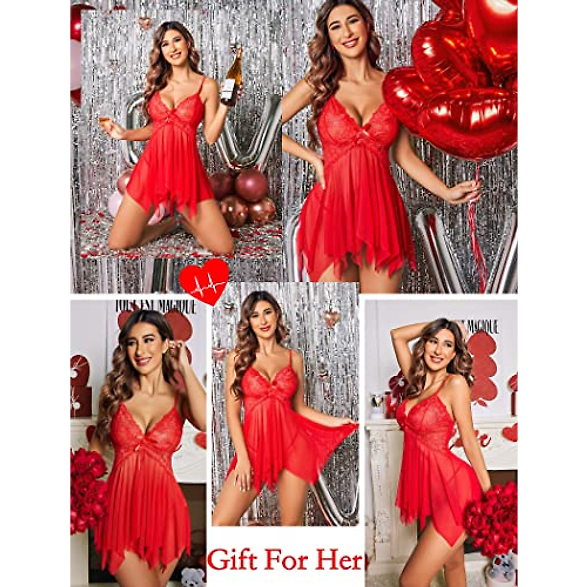 Avidlove Womens Red Babydoll Lingerie for Women Valentines Day Lingerie Negligee Lingerie Red L