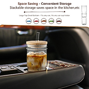 Pint Glasses,Glass Beer Cups Set of 4,16oz Glass Cups with Lids and Straws-Pint Glass Drinking Glasses,Unique Design Iced Coffee Cups with Lids and Straws