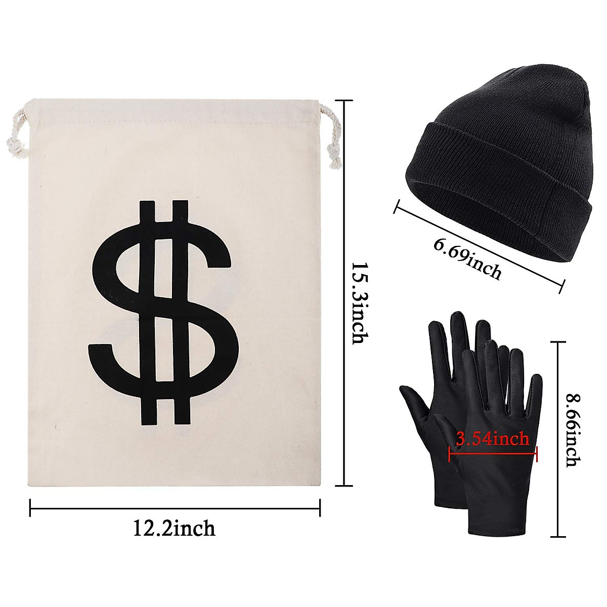 Geyoga 5 Pcs Halloween Robber Costume Set Dollar Sign Canvas Money Drawstring Bag for Halloween Cosplay Theme Party Supplies