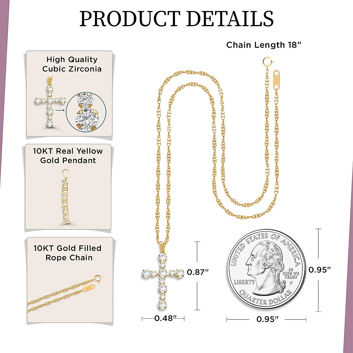 Jewelili 10k Yellow Gold Cross Pendant Necklace with 2mm and 3mm White Round Cubic Zirconia, 18" Gold Filled Rope Chain