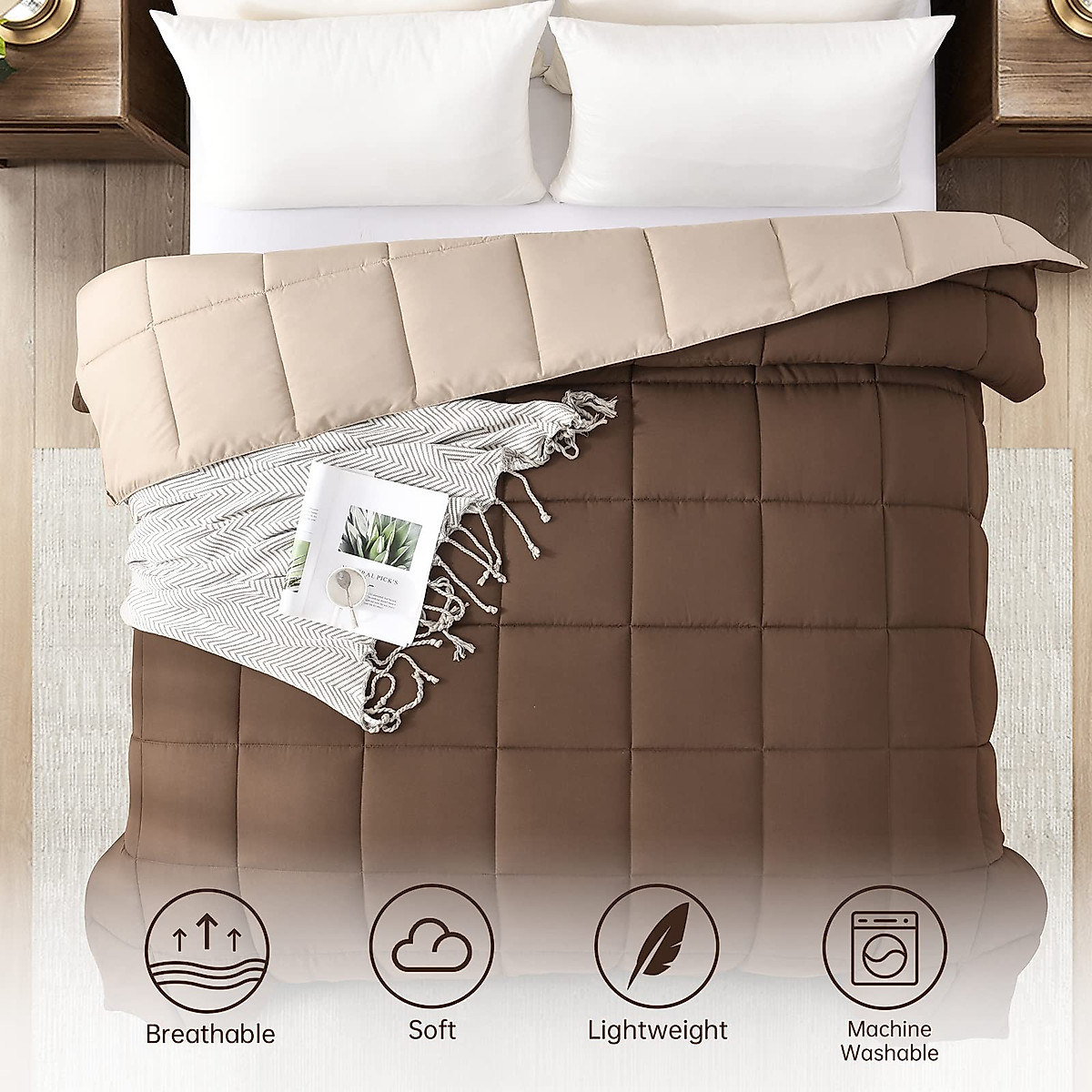 Homelike Moment Comforters Queen Size - Brown Duvet Insert Down Alternative Bed Queen Comforter, Lightweight Bedding Comforters Full Size Quilted Soft All Season Reversible Chocolate Brown/Beige