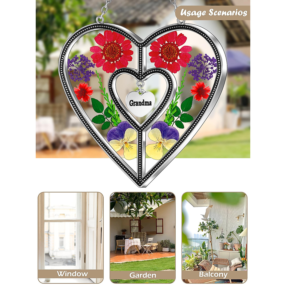 KY&BOSAM Heart Suncatchers Grandma Gift Ornament Stained Glass Sun Catcher Garden hangings Windows with Pressed Flower Heart Embedded in Glass Gifts for Grandma Mother`s Day Birthday Gifts
