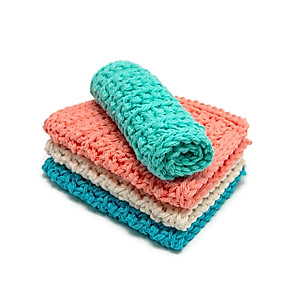 Coral and Aqua 4 inch x 7 inch Rectangular Cotton Dishcloths Set of 4 Lt. Coral Turquoise Ecru Aqua