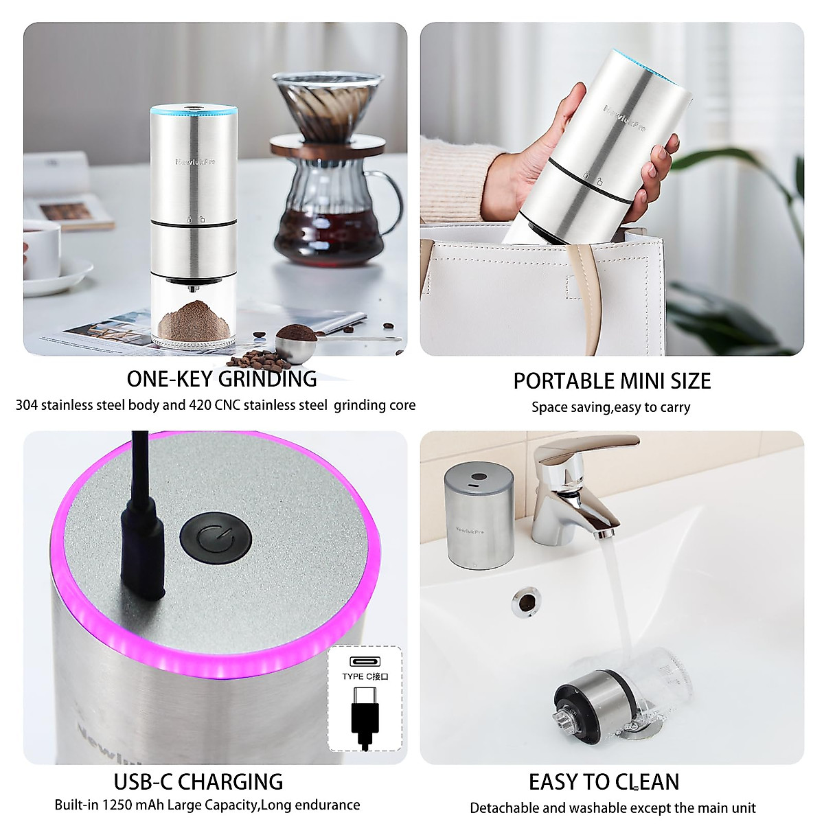NewlukPro Coffee Grinder Electric, Portable Mini Conical Burr Mill, Stainless Steel Compact Cafe Grind with Precise Adjustable Settings,Automatic Coffee Bean Grinding for Drip Espresso PourOver