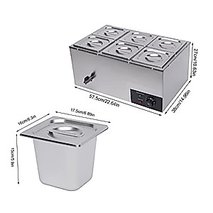 6-Pan Commercial Food Warmer, 110V 600W Electric Steam Table 15cm/6inch Deep, Professional Stainless Steel Buffet Bain Marie for Catering and Restaurants